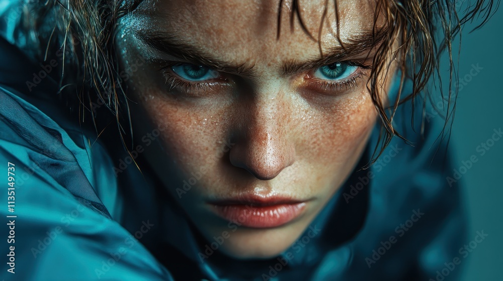 A mesmerizing portrait showcasing an intense stare of a woman with wet ...