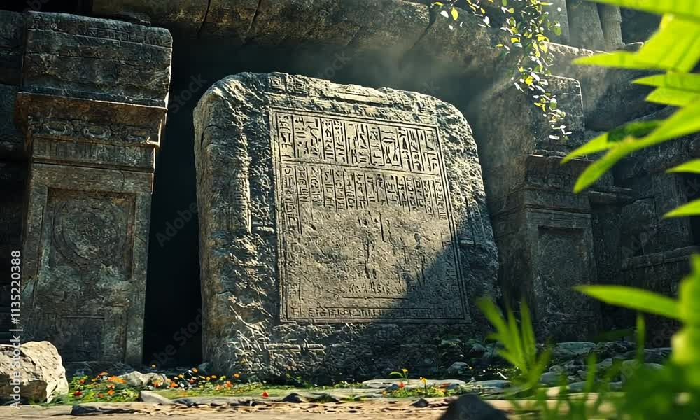 Ancient Stone Tablet with Hieroglyphs in Overgrown Ruins Stock 비디오 ...