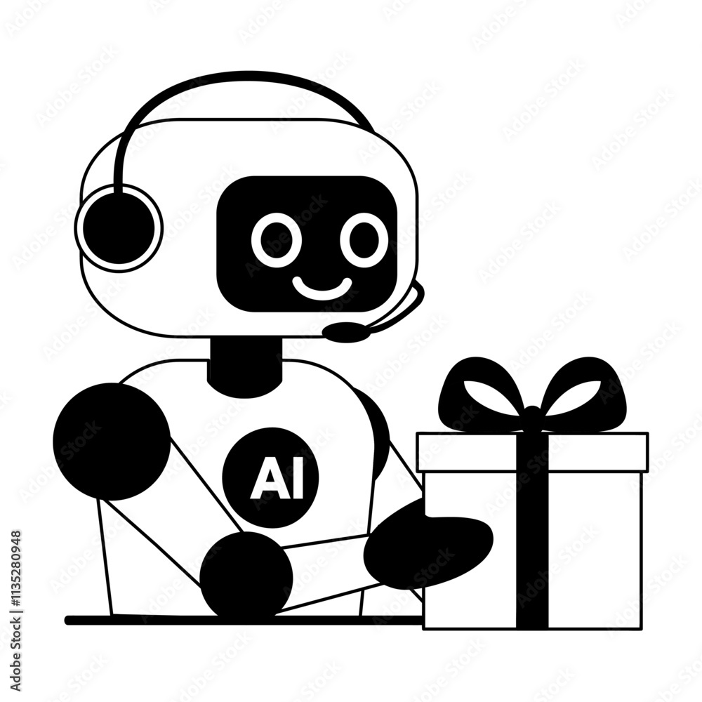 Line illustration of the chat bot, robot assistant giving a gift for ...