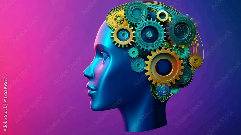Illustration of colorful gears turning inside a human head ...