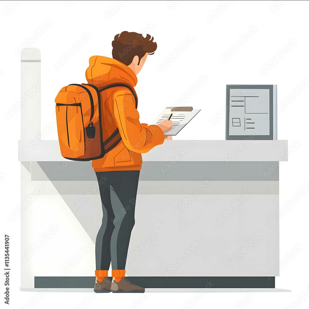 illustration in a simple flat style of a traveller at an airport ...