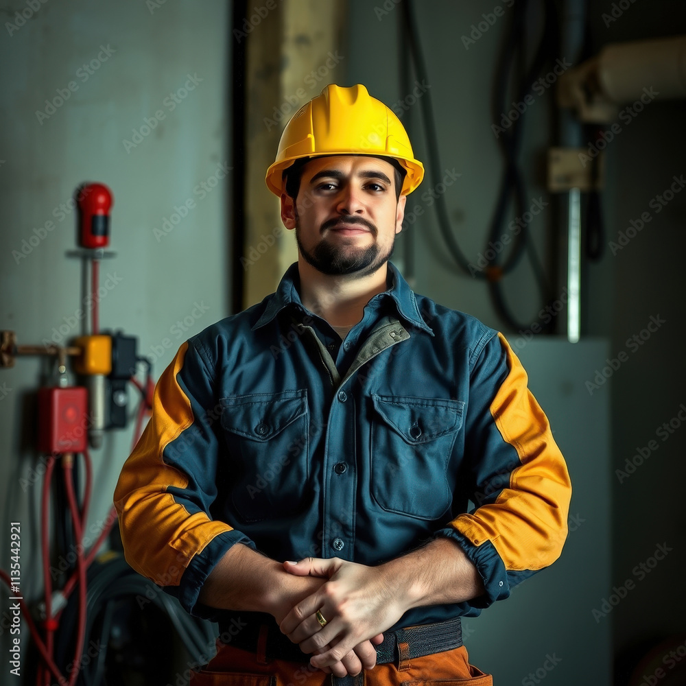 Vibrant Safety in Motion A focused worker in a colorful hard hat and ...
