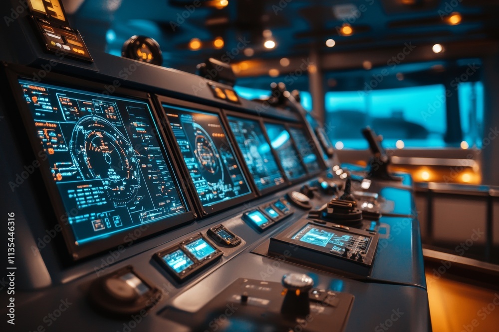 Futuristic control room with advanced displays and technology for naval ...