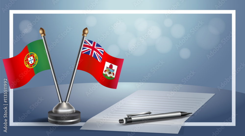 Poster Portugal and Bermuda National flags on small table with bokeh ...