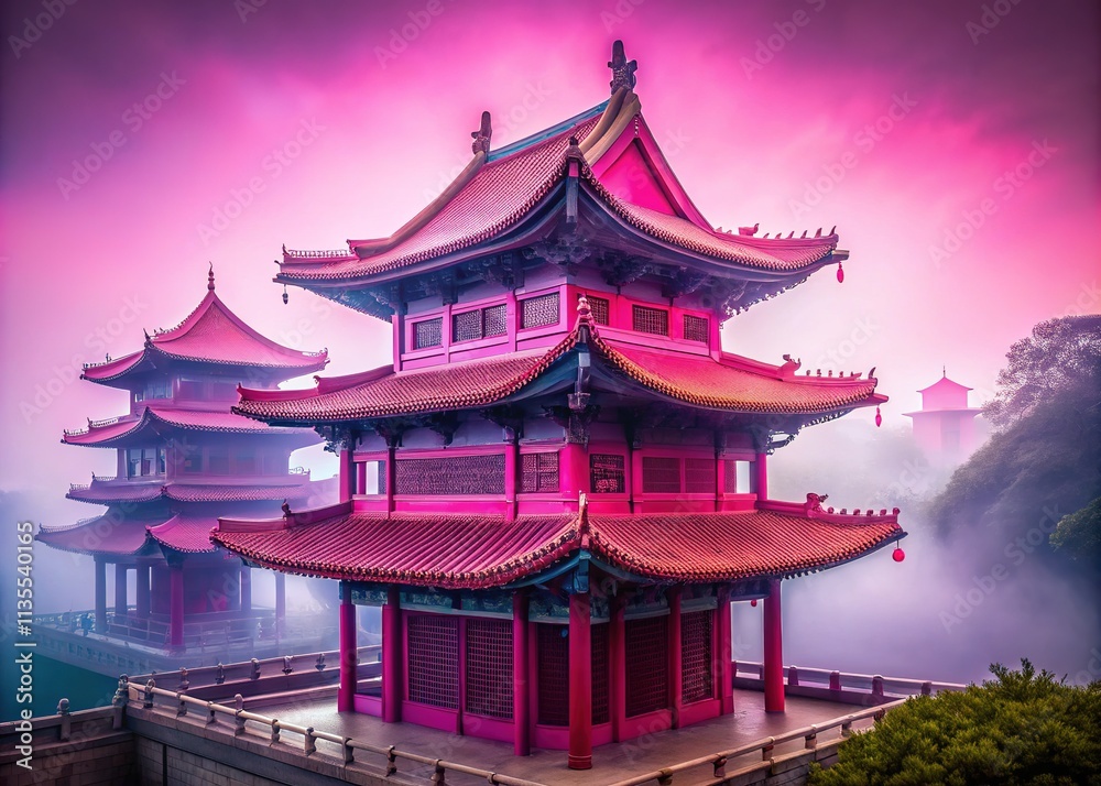 Pink Chinese Temple Landscape AI Photo, Beautiful Asian Architecture ...