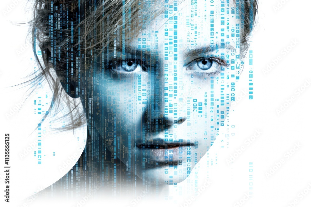 Digital face composed of pixels and binary code with analytical data overlay isolated on white ...