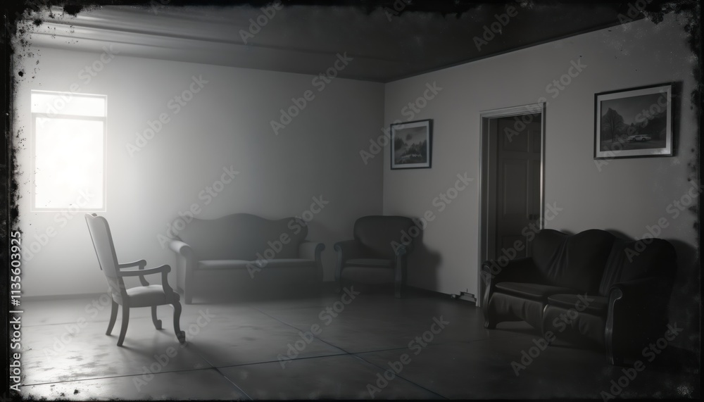 Empty room with vintage furniture. Soft light streams in through window ...