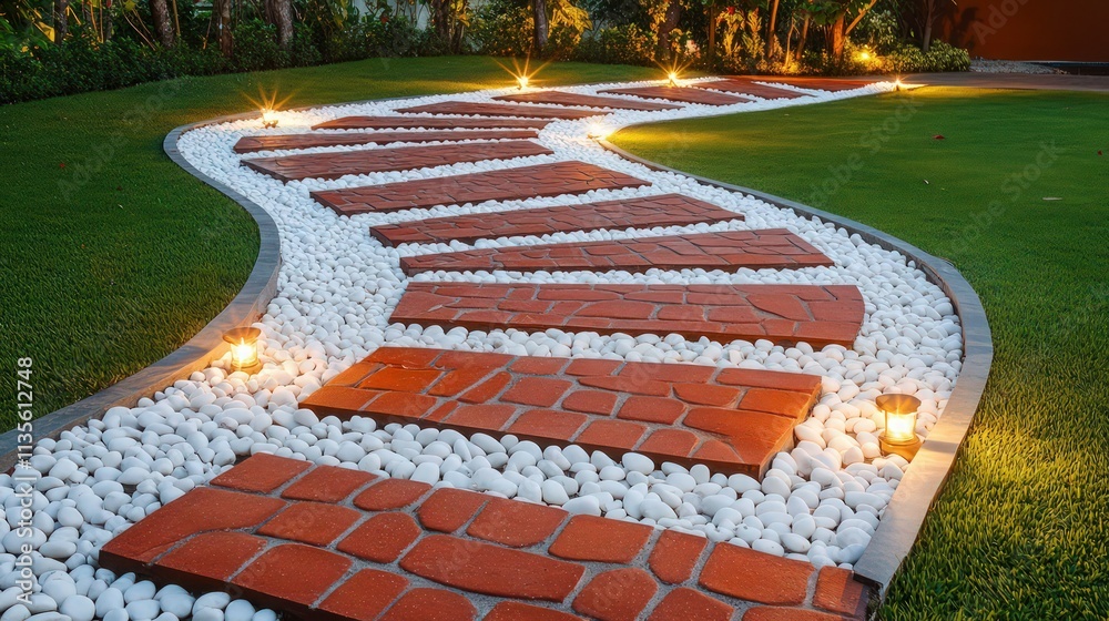 A softly curving pathway of white pebbles with red brick stepping ...