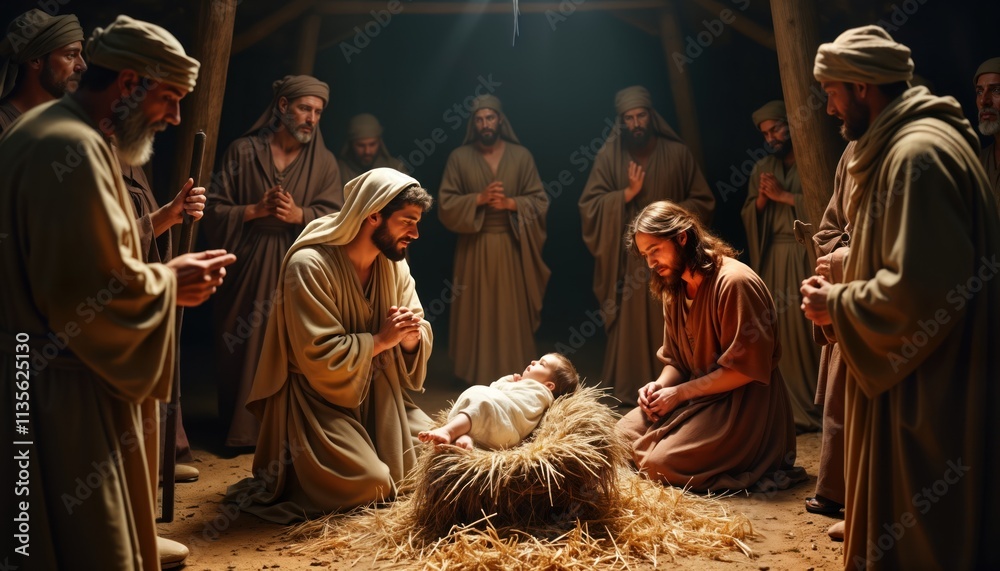 Mary, Joseph reverently looking at baby Jesus in manger. Shepherds ...