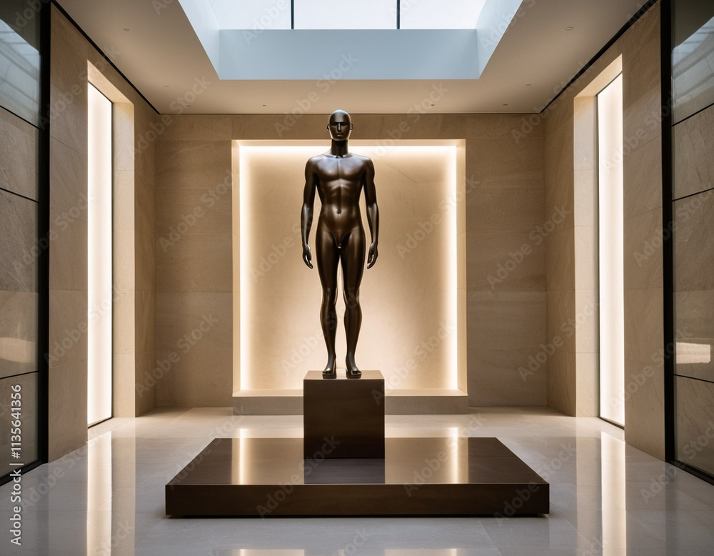A bronze statue of a nude male figure stands on a pedestal in a modern ...