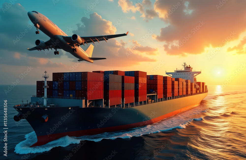 Cargo ship at sea with containers. Airplane flying above. Sunset sky ...