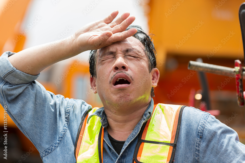 Senior Asian male construction builder tired and thirst of water at ...