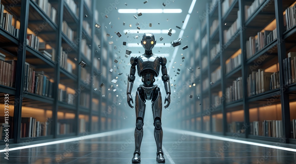 A humanoid robot AI with a chrome exterior and glowing eyes, standing ...