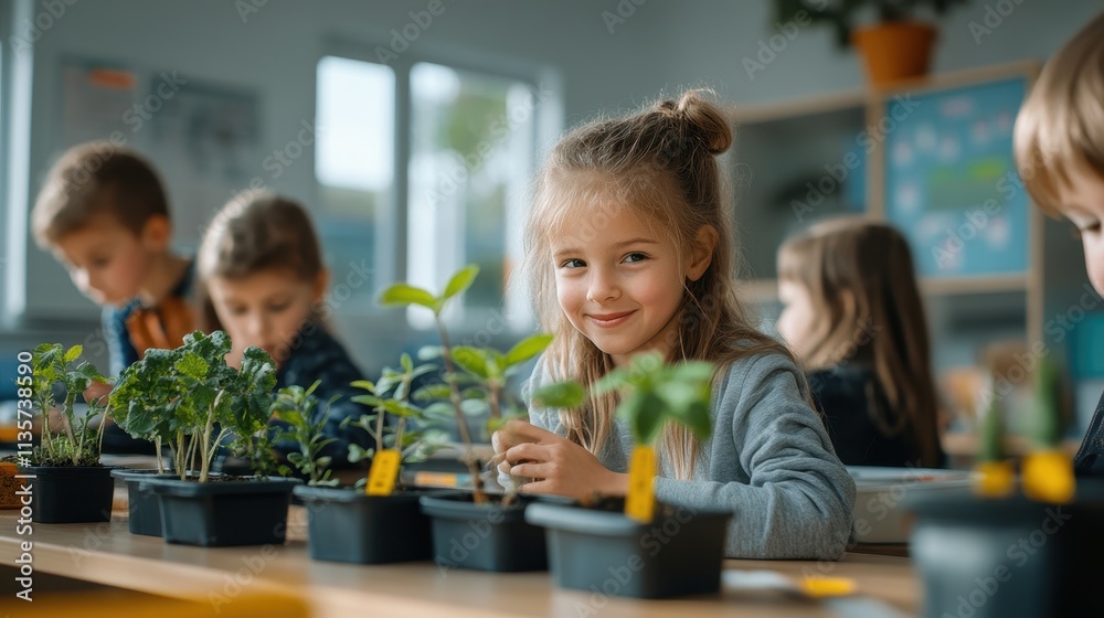 ภาพประกอบสต็อก Smiling girl tending plants in classroom; other children ...