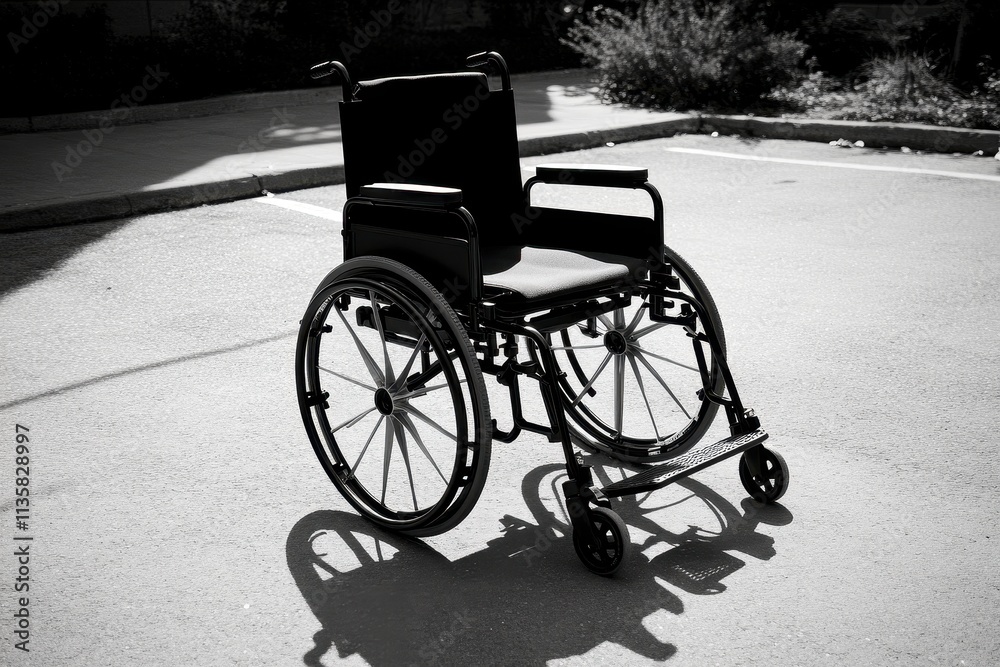 Black and White Image of an Empty Wheelchair on a Concrete Surface with ...