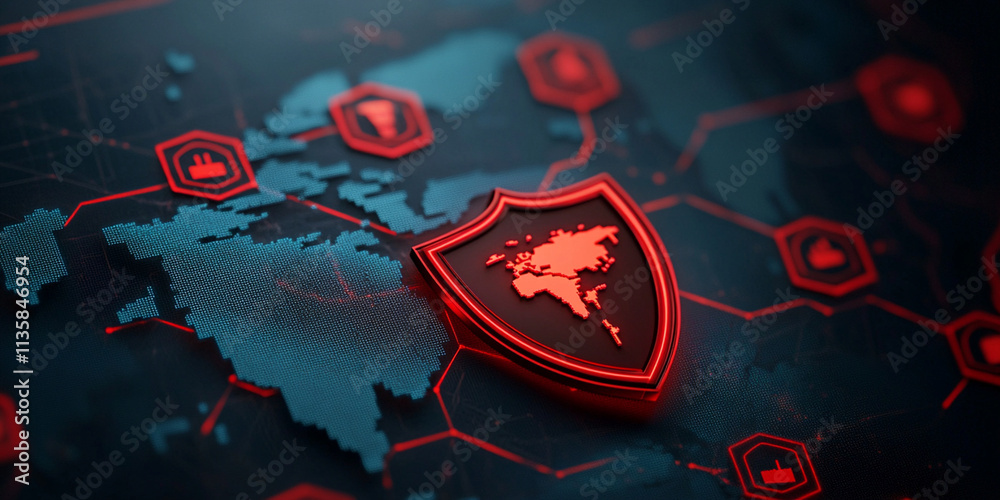global map featuring red alert icons and encrypted shield symbolizing ...