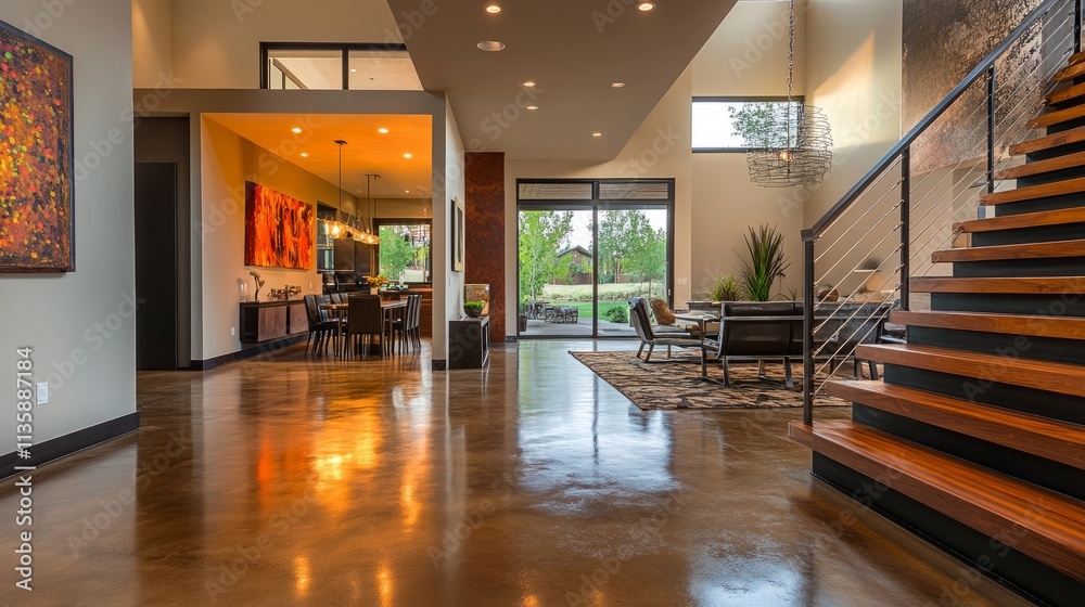 Elegant entryway in a modern suburban home with smooth concrete floors ...