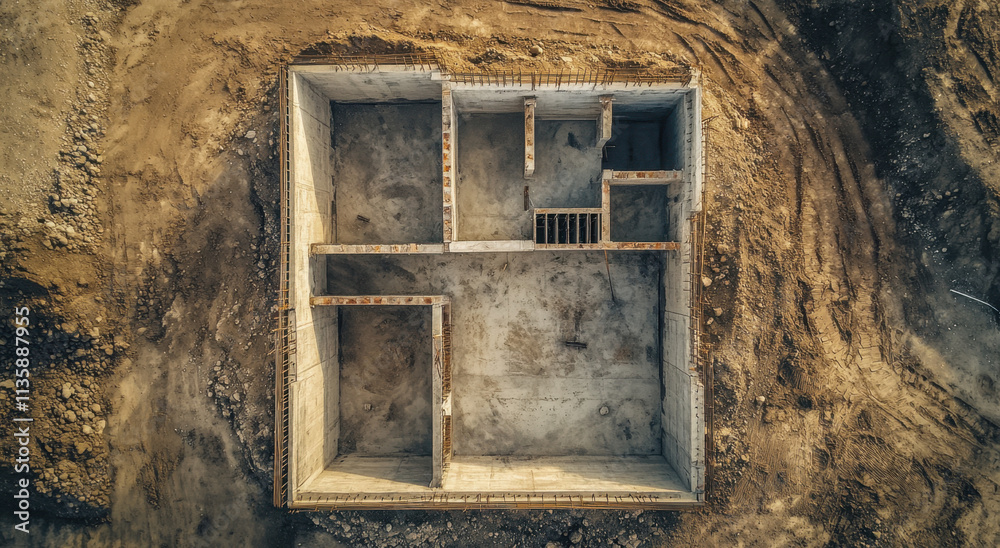 An aerial view reveals the foundation layout of a residential building ...