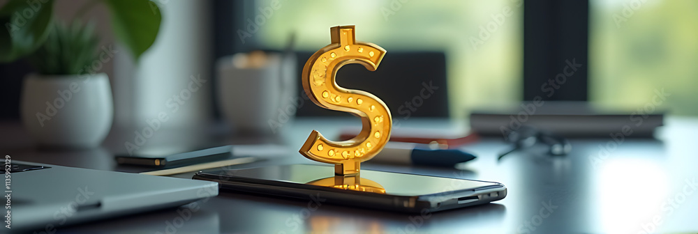 Dollar icon sits atop a mock smartphone with modern accessories and ...