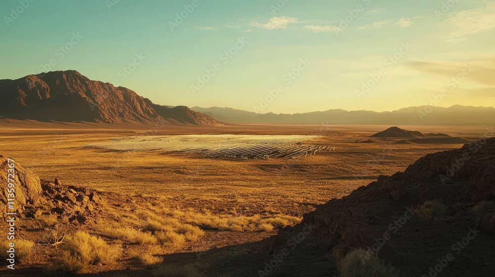 A solar farm in the middle of a desert producing clean energy, Desert ...