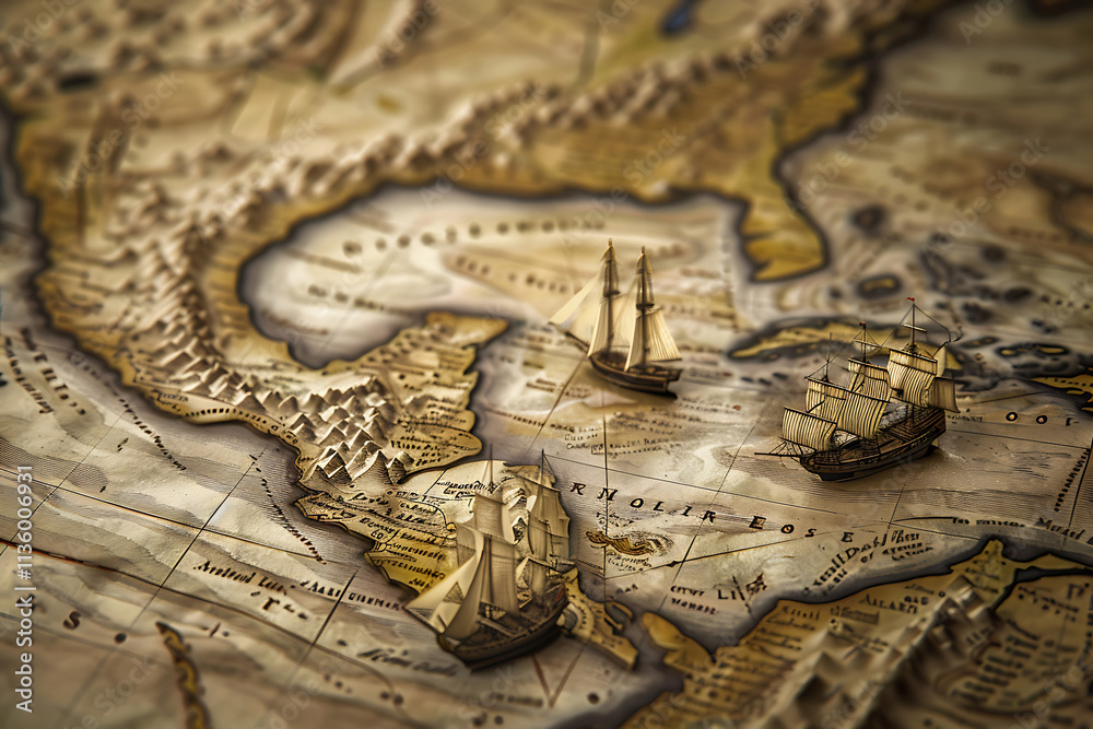 Vintage Map with Ships and Coastal Details Stock Illustration | Adobe Stock