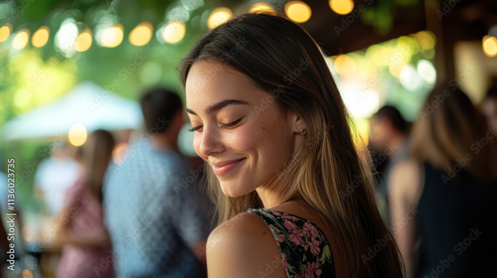 Shy woman captured in a candid moment, looking down while smiling ...