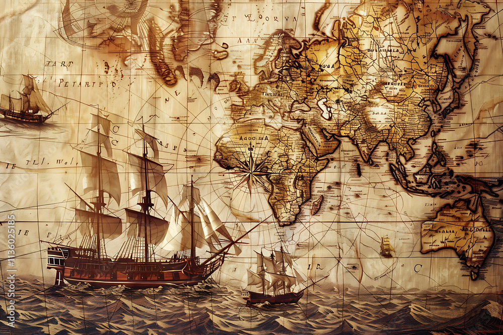 Vintage Map with Sailing Ships and Ancient World Design Stock ...