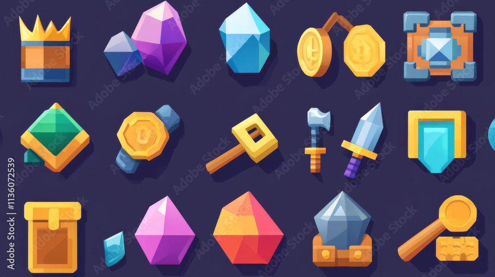 Game mining props icons dynamite, golden crowns, coins, money bag ...