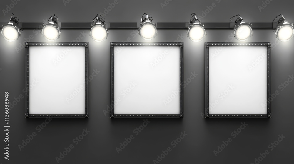 Blank movie posters illuminated by spotlights. Vector realistic mockup ...