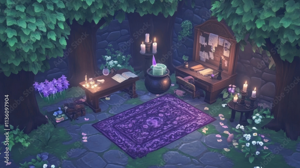 Wizard magic school room with witch book, potion cartoon vector set ...