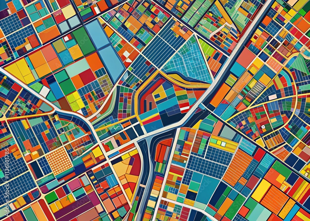 Detailed Abstract Flat Map of a Modern City Plan with Vibrant Colors ...