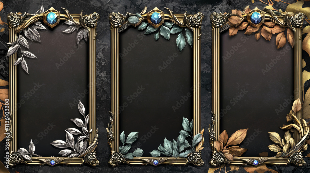 Empty rectangle frames in medieval style for game ui design. Vector cartoon set of user ...