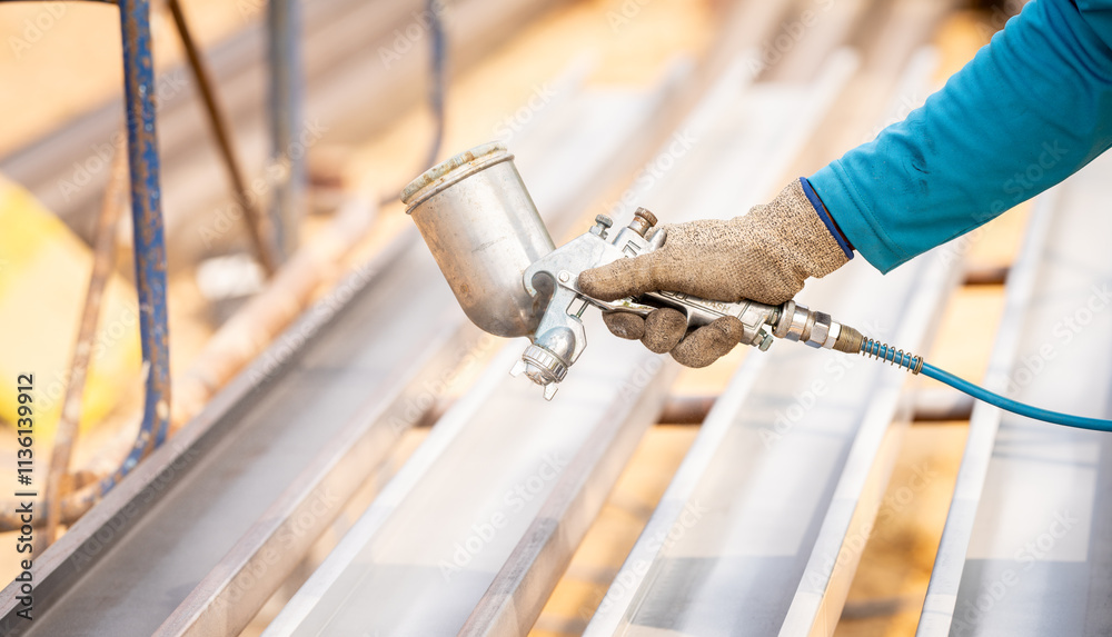 Construction worker painting metal structure surface coating with a ...