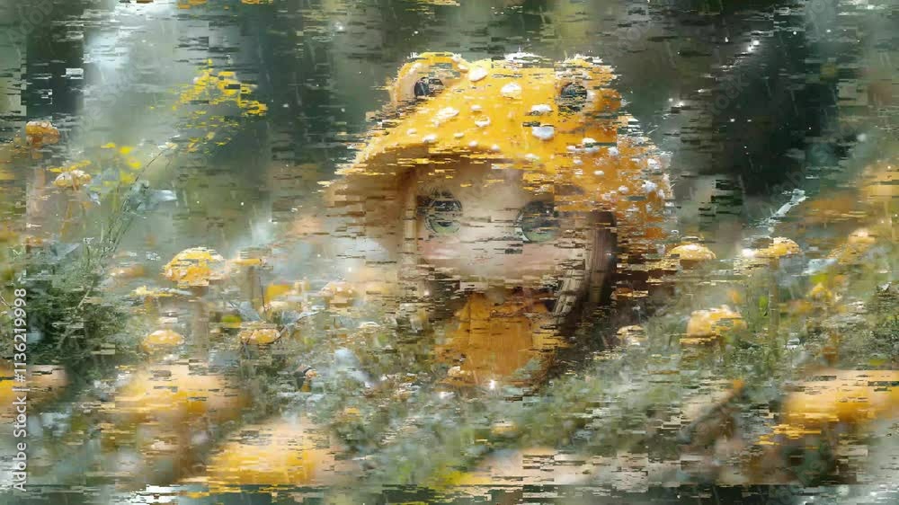 Mischievous pixie plays among mushrooms in a whimsical forest setting ...