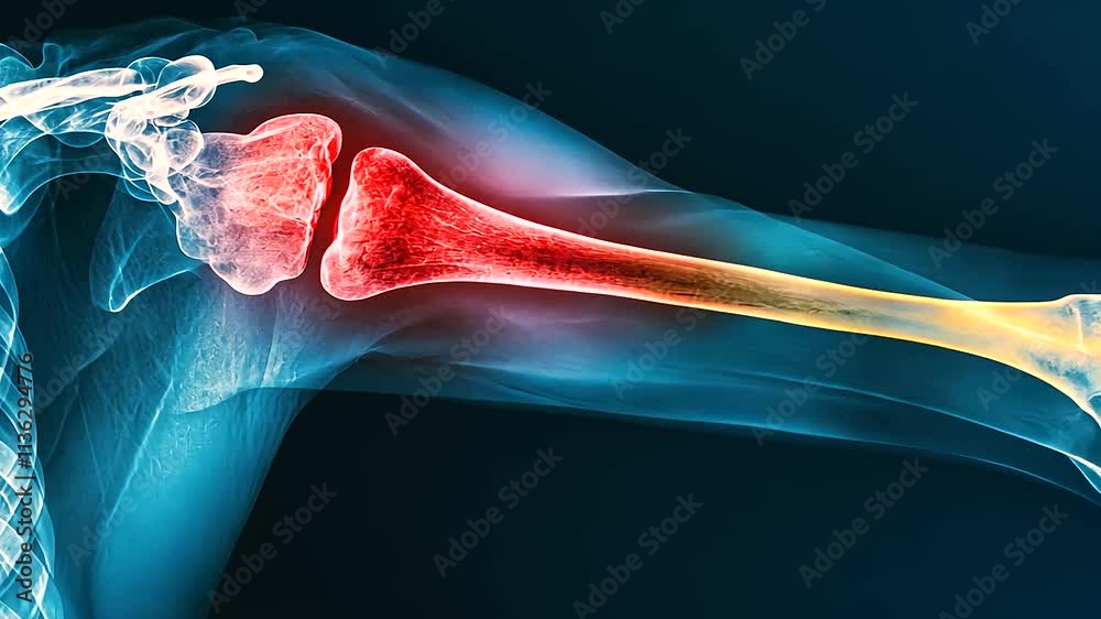 X-ray of a human upper arm and shoulder joint on a deep blue background ...