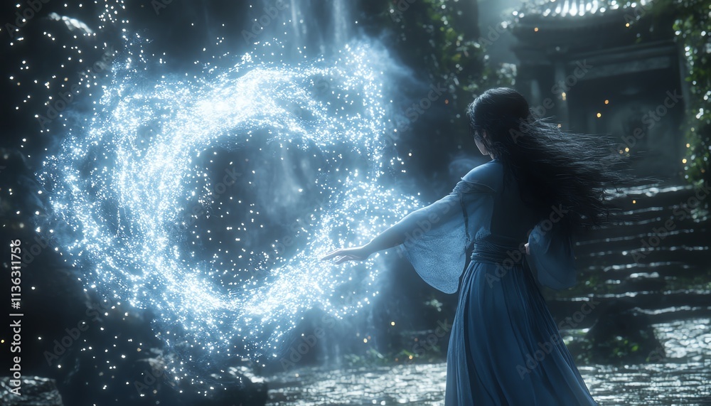 A character using magic to form sparkling energy beams, each one ...