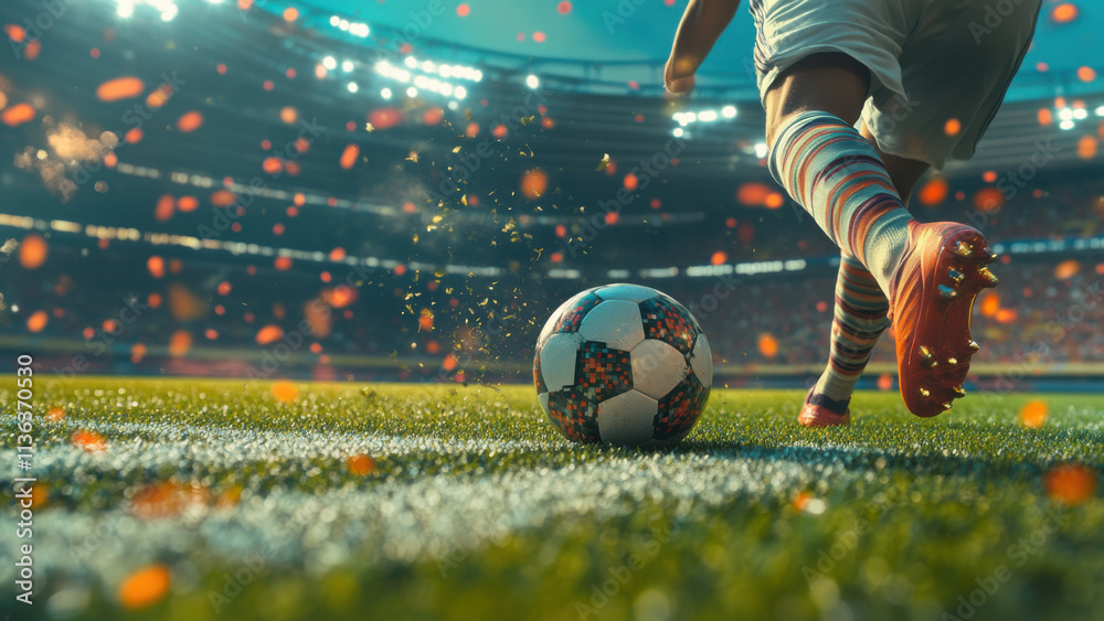 Footballer kicking soccer ball on pitch inside modern football stadium ...