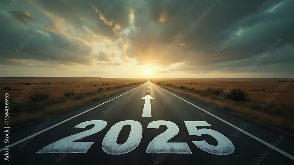 Journey to the future: endless road with '2025' marked under a dramatic ...