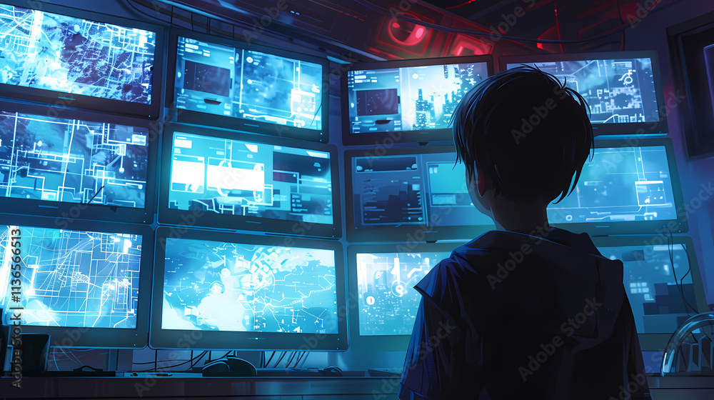 Cybersecurity Sentinel: A young, vigilant hacker or security analyst intently monitors multiple ...