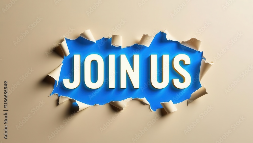 Paper join us concept. A torn paper effect reveals the phrase "JOIN US ...