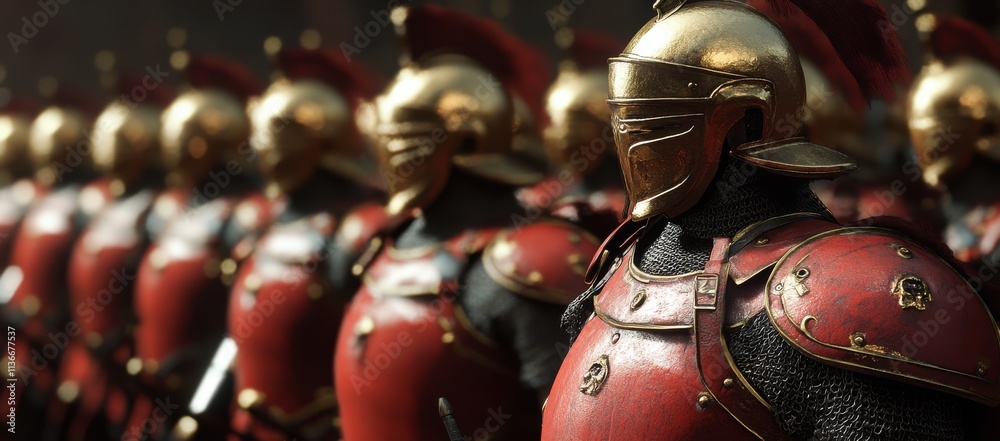 Soldiers in shining armor prepare for battle in an ancient city during ...