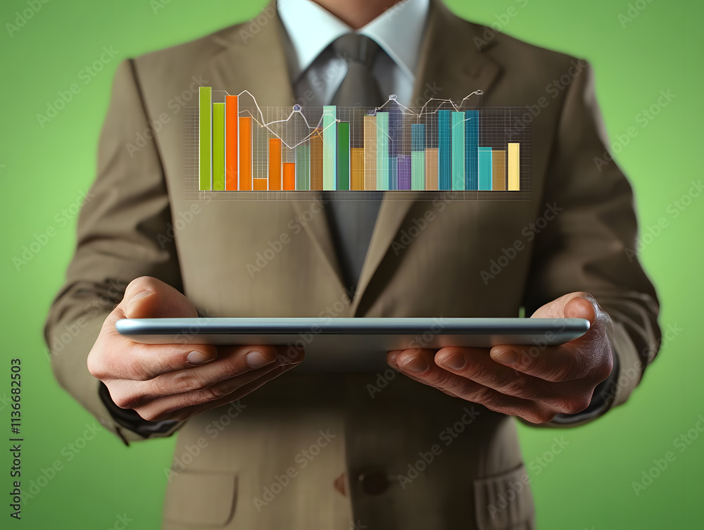 Business man formal dressing suit holding tablet. Digital 3D line ...