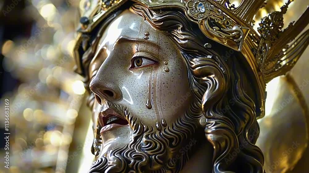 a detailed statue of Jesus Christ wearing an ornate golden crown, with ...