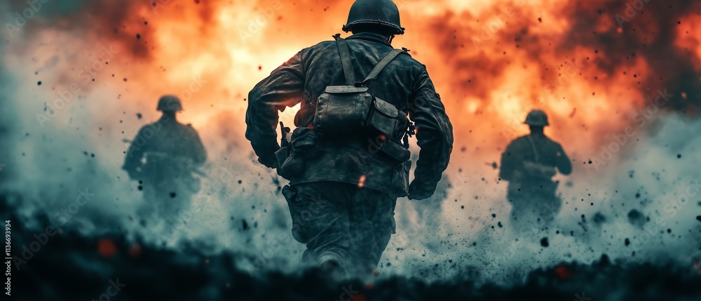 Soldier is running through a battlefield with other soldiers. The scene ...