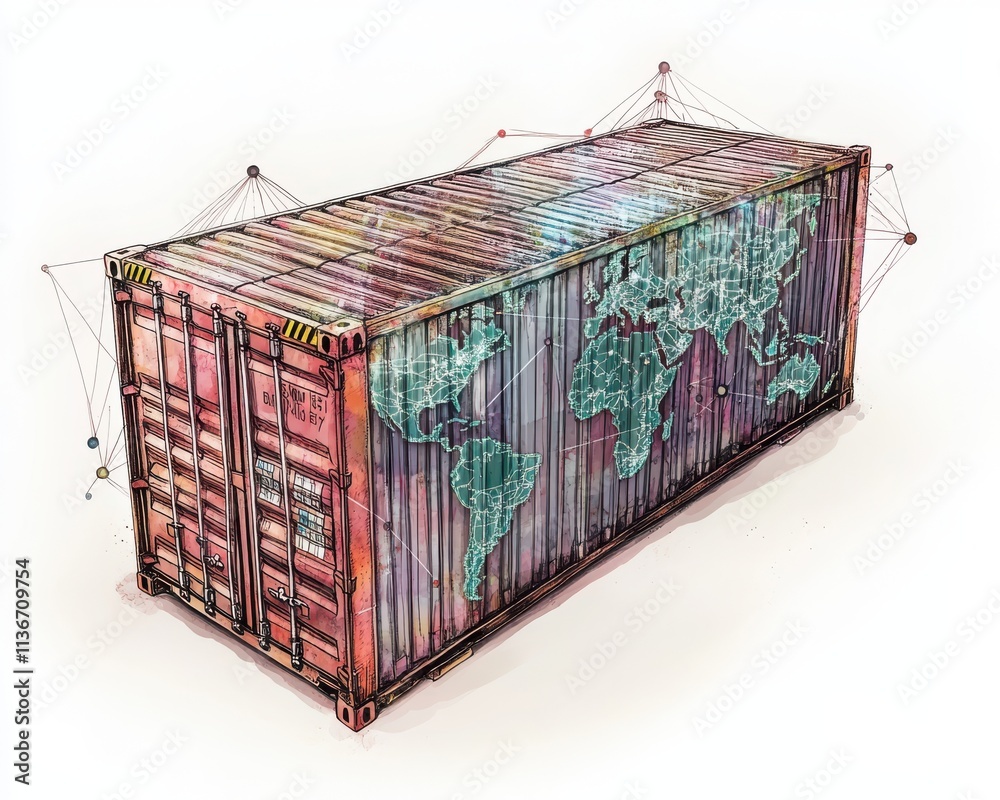 Illustration of a shipping container with a world map on its side ...