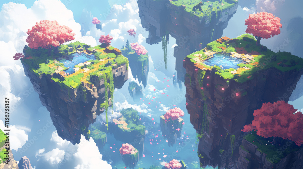 Flying islands set isolated on black background. Vector cartoon ...