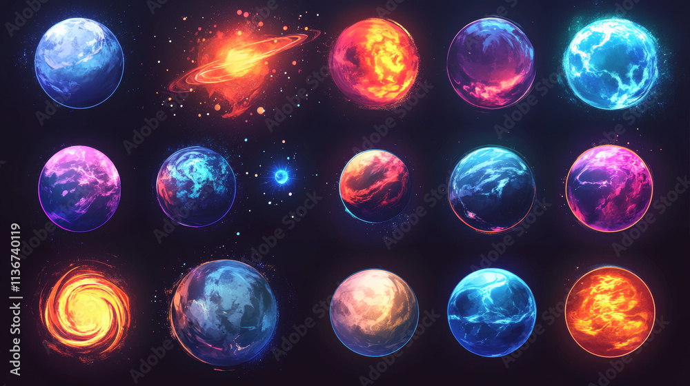 Alien space planets cartoon set. Fantastic design elements for game ...