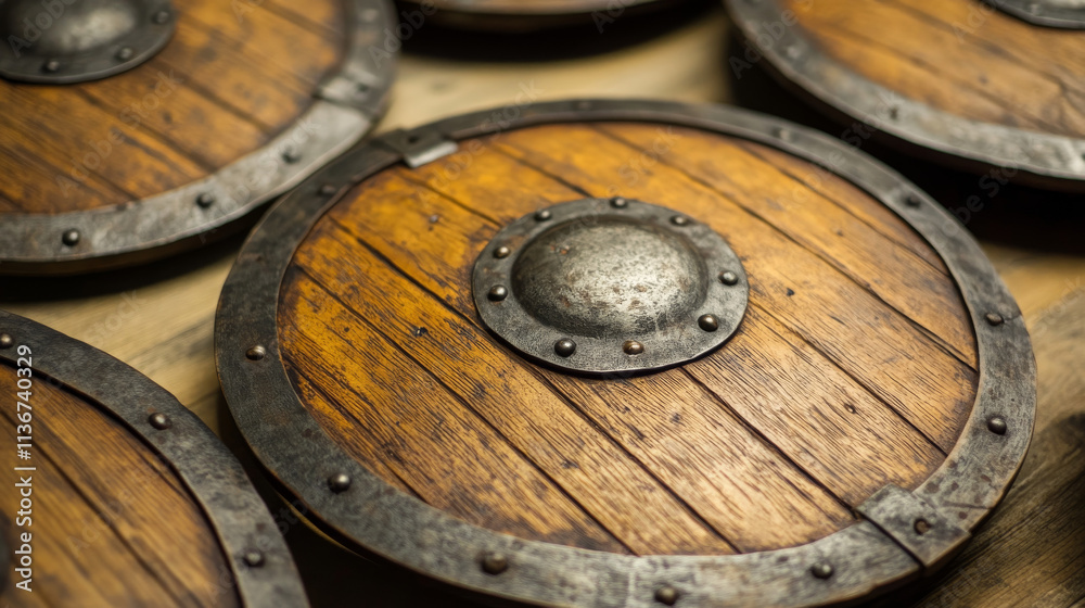 Medieval round shields icons for game design. Vector cartoon set of ...