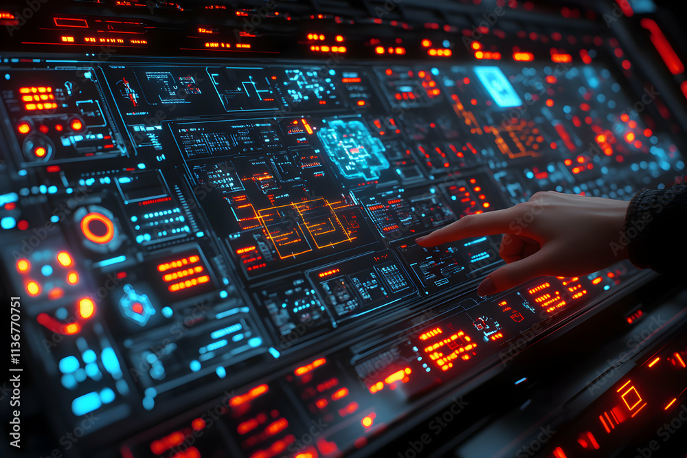 Futuristic Interface, A Hand Interacts with a Complex Sci-Fi Control Panel Displaying Vivid ...