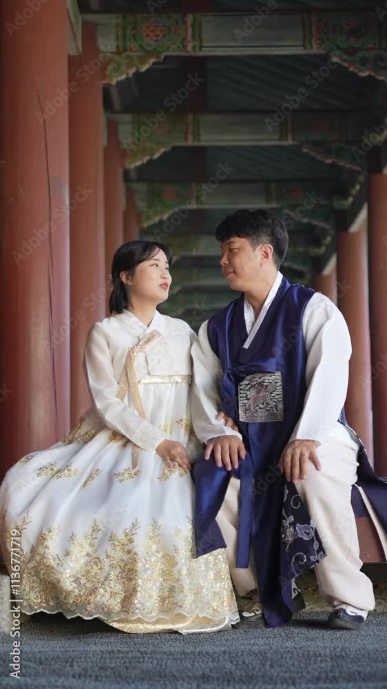 A Korean couple, a man in his 30s and a woman in her 20s, wearing ...